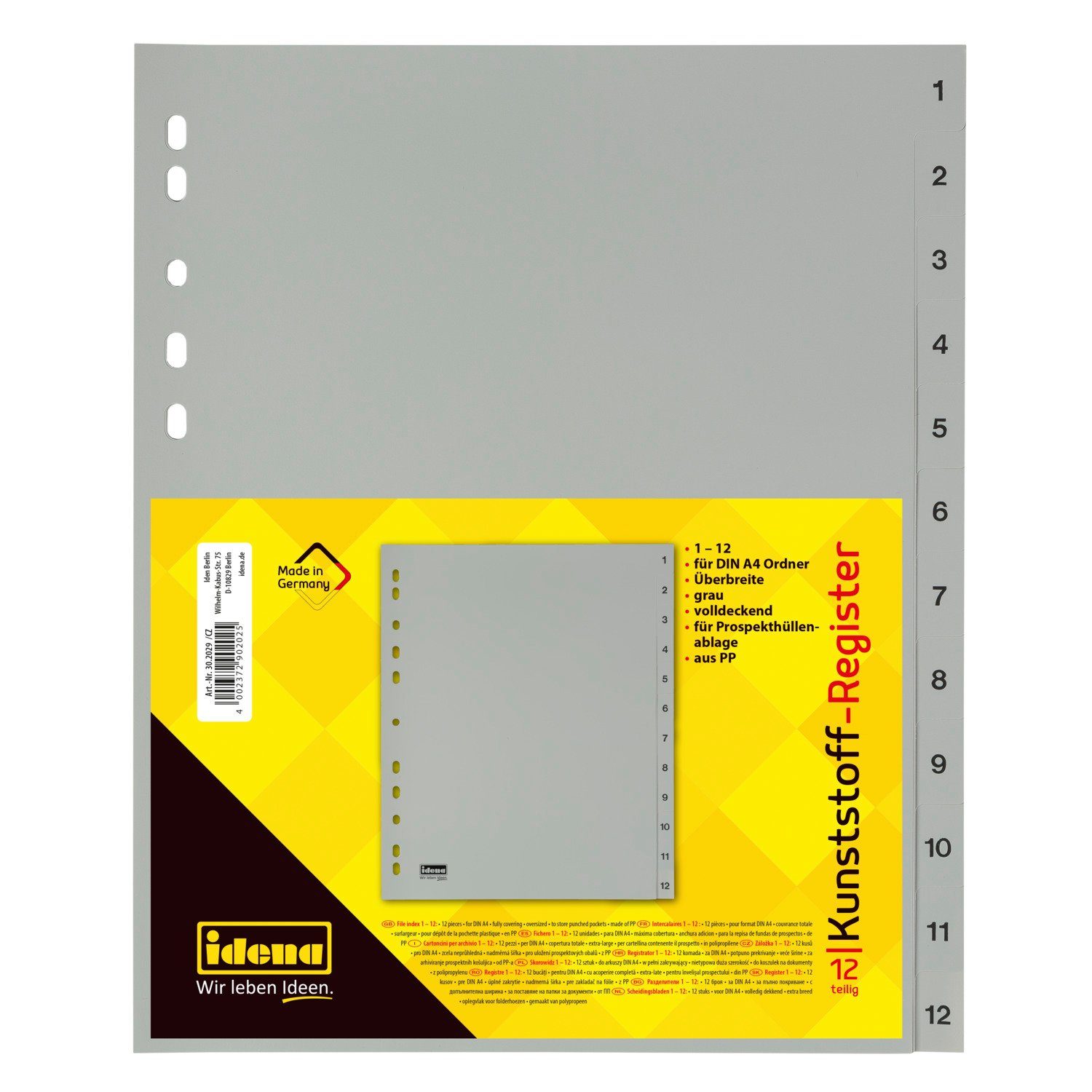 Idena Hefter Idena Kunststoffregister A4 1 bis 12 grau PP, Schnellhefter