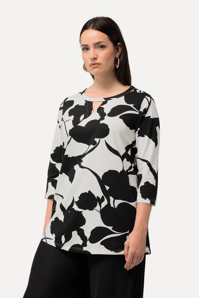Ulla Popken Rundhalsshirt Shirt Blüten Rundhals Keyhole 34 Arm Grün Weiß