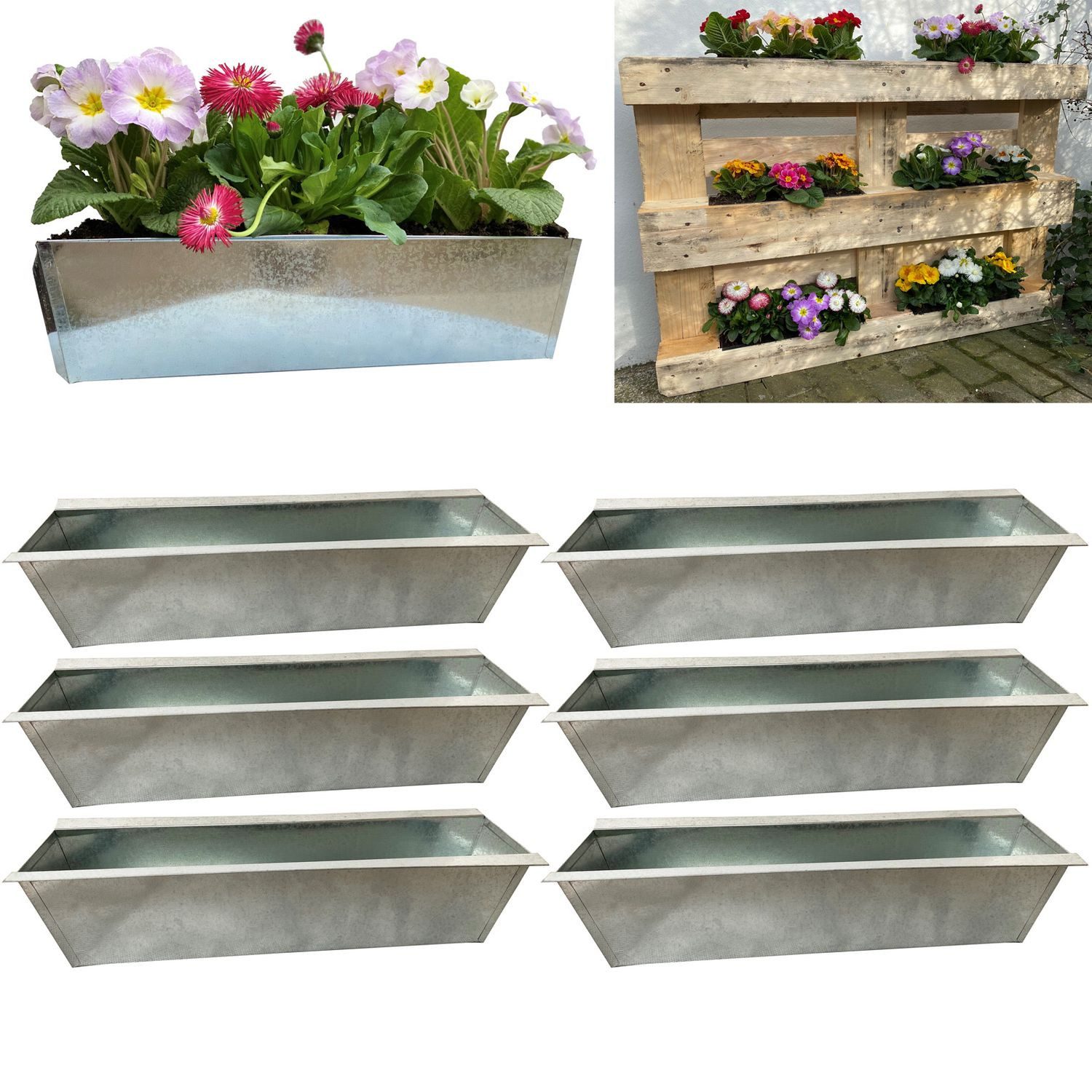 Hossi's Wholesale Blumenkasten 6er Set Zink Paletten Blumenkästen - Einsatz 38cm groß Silber ...