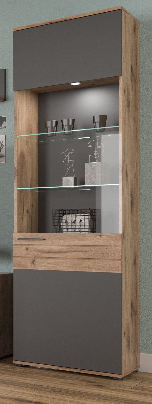Xonoxhome Stauraumvitrine Mason Vitrine In Eiche Mit Basalt Grau Bxh