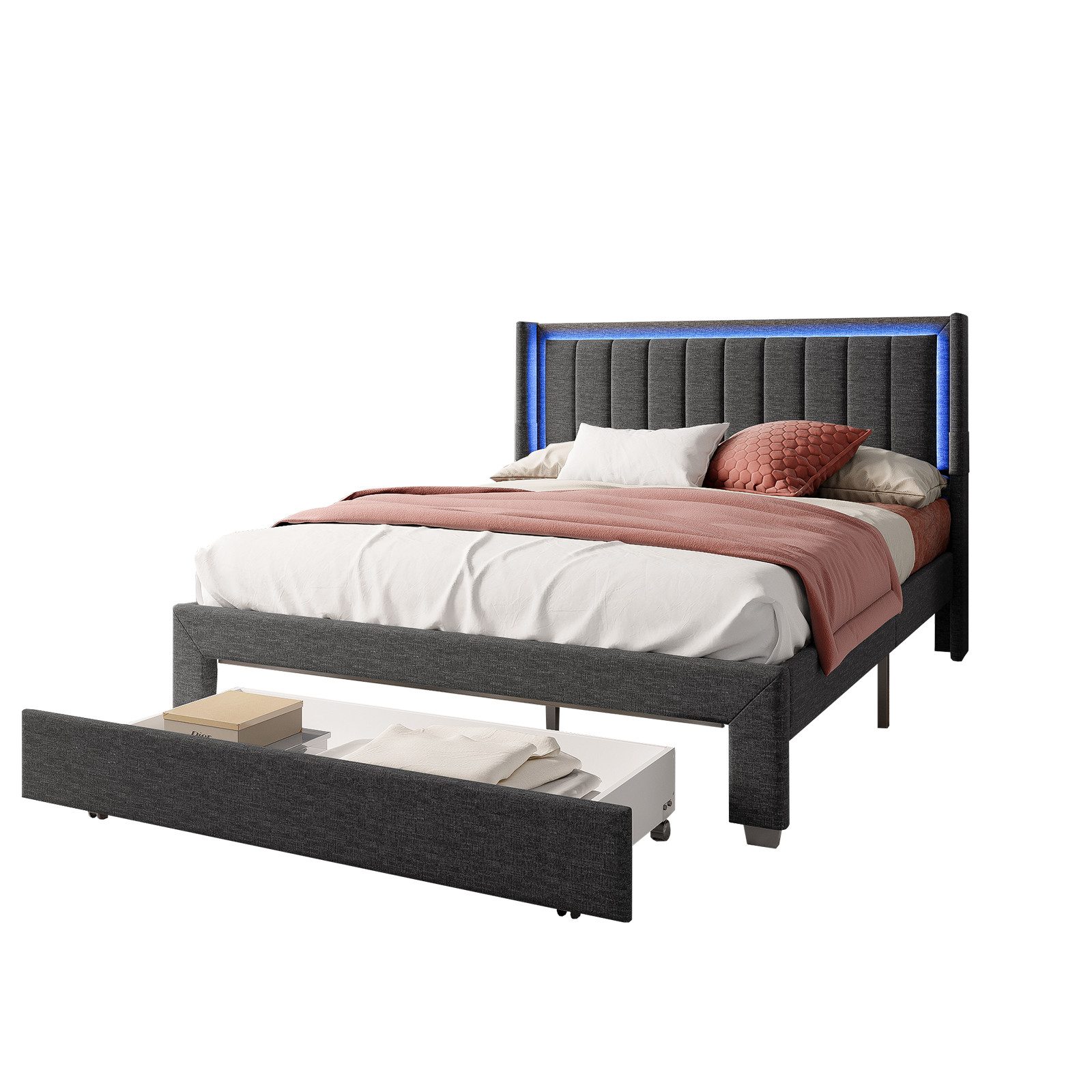 Furokoy Polsterbett Funktionsbett Doppelbett Led Licht 140x200 Cm Mit