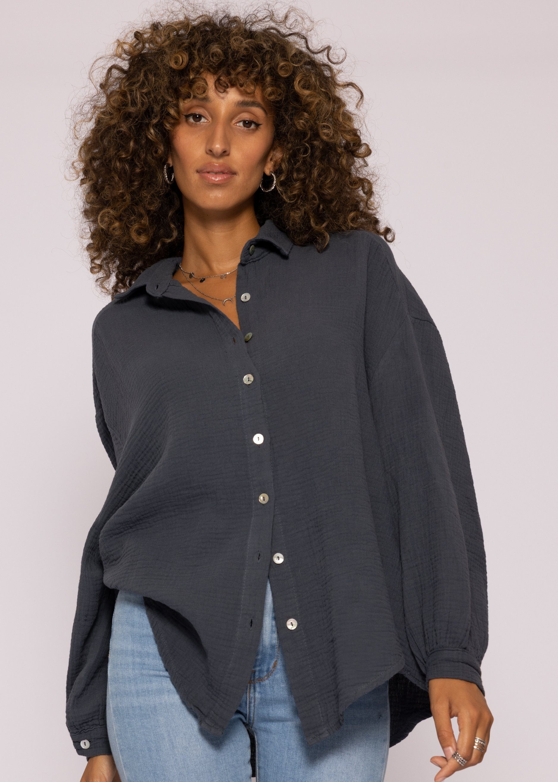 SASSYCLASSY Longbluse Oversize Musselin Bluse Damen Langarm Hemdbluse ...