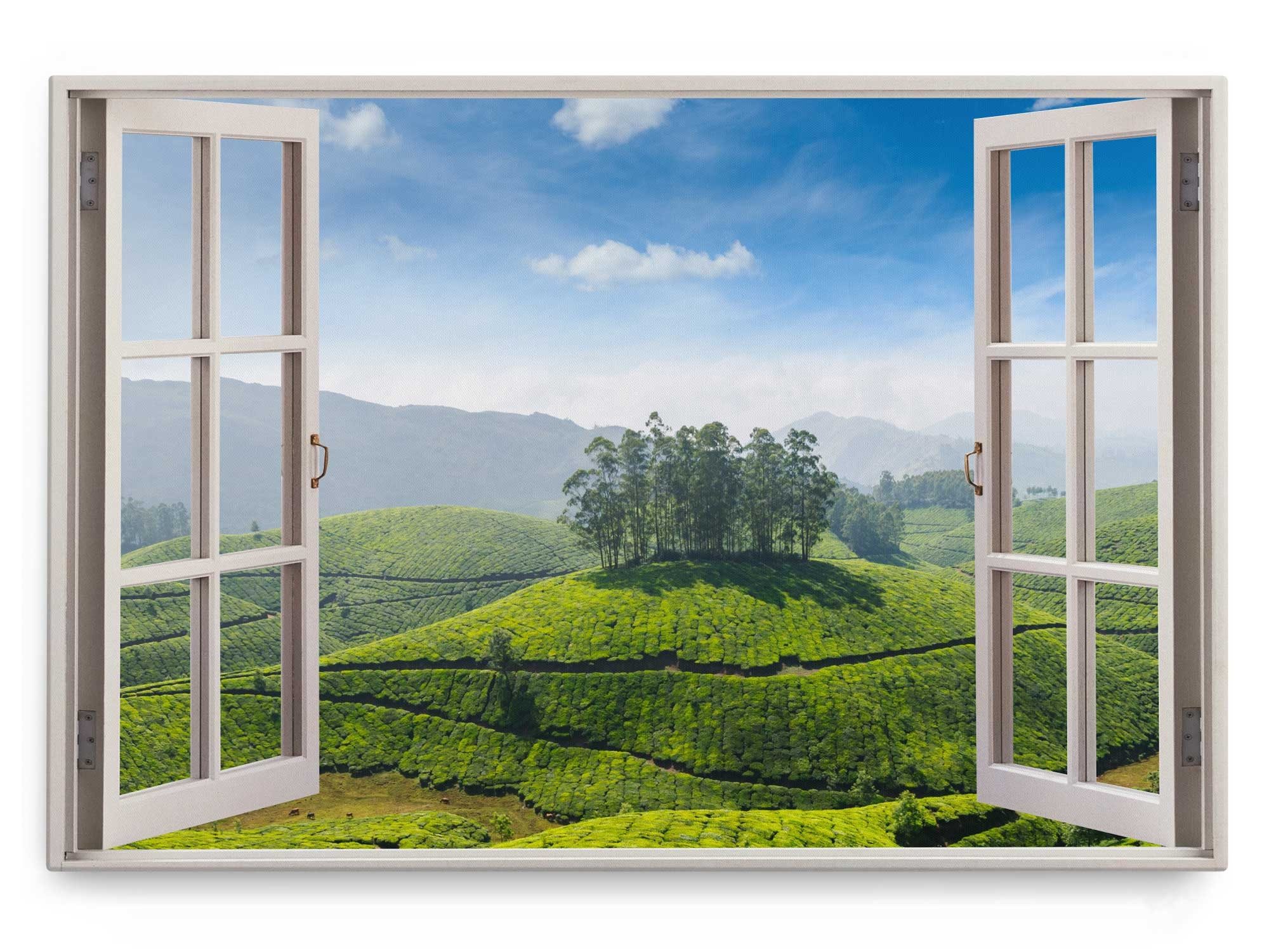 Sinus Art Leinwandbild Wandbild 120x80cm Fensterbild Teeplantage Indien Grün Landschaft Teean ...