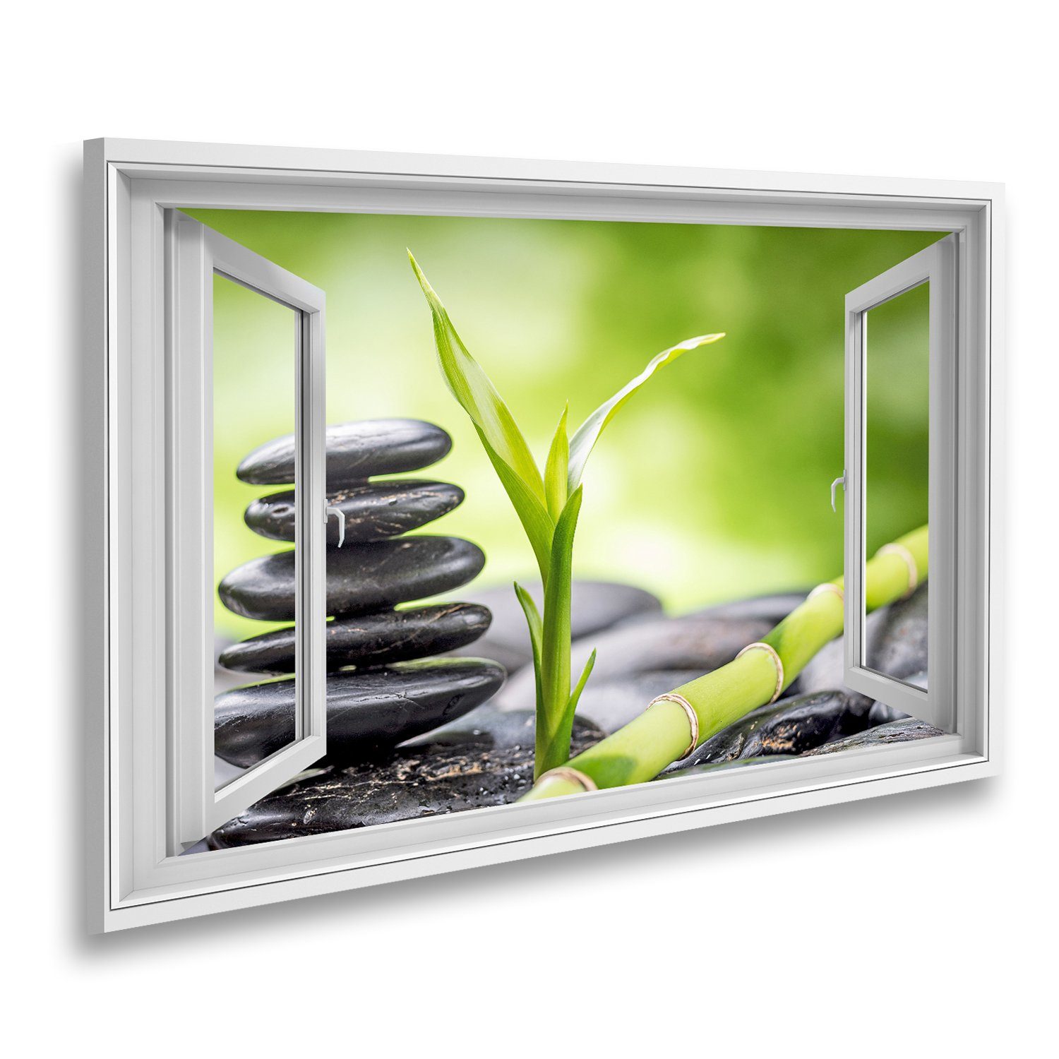 islandburner Leinwandbild Fensterblick Zen Basaltsteine und Bambus Sagenhafter Effekt Wandbild L