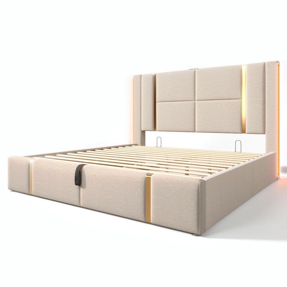 Rutaqian Stauraumbett Polsterbett 160×200cm Doppelbett Mit Led Licht