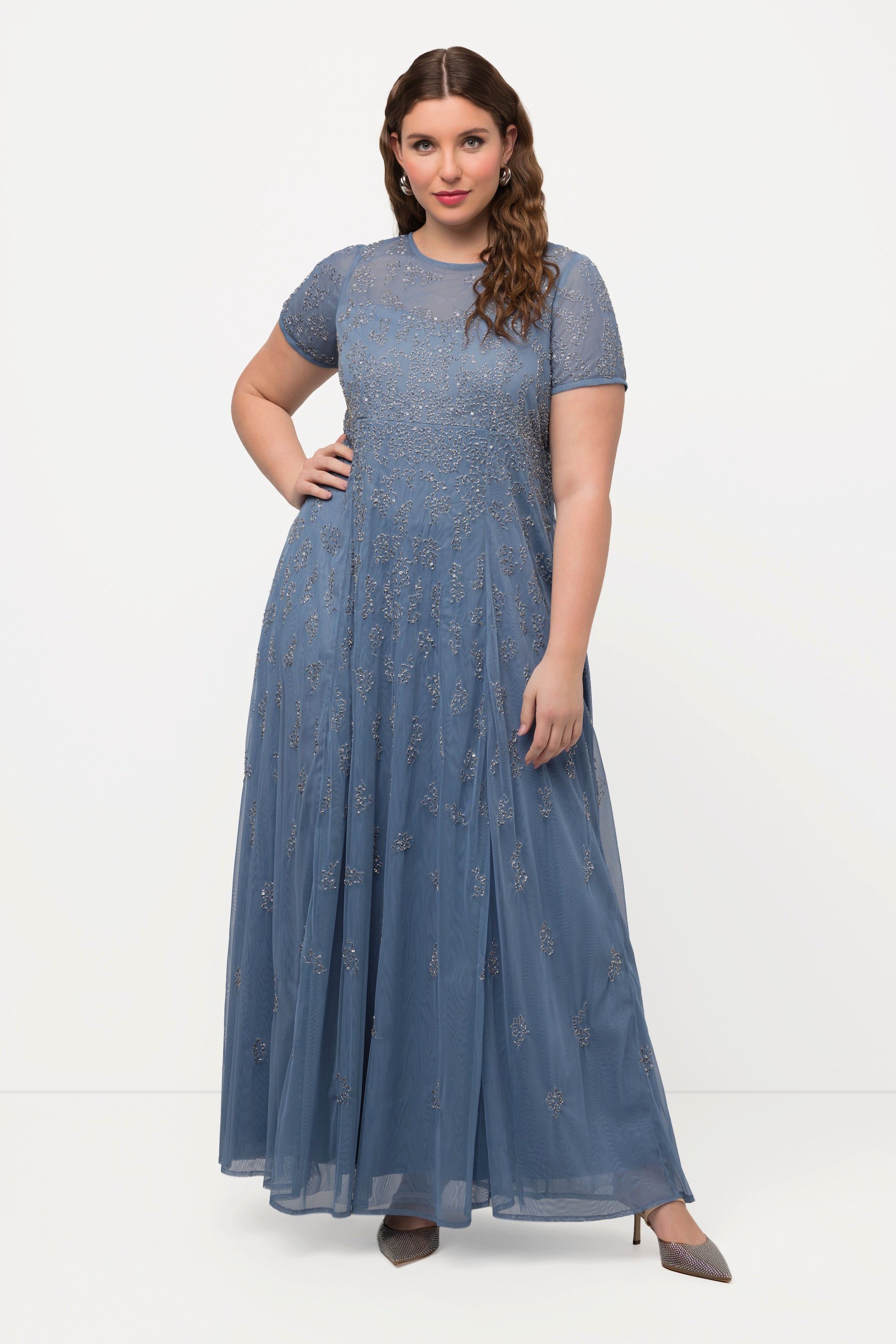Ulla Popken Cocktailkleid Meshkleid Perlenstickerei Rundhals Halbarm