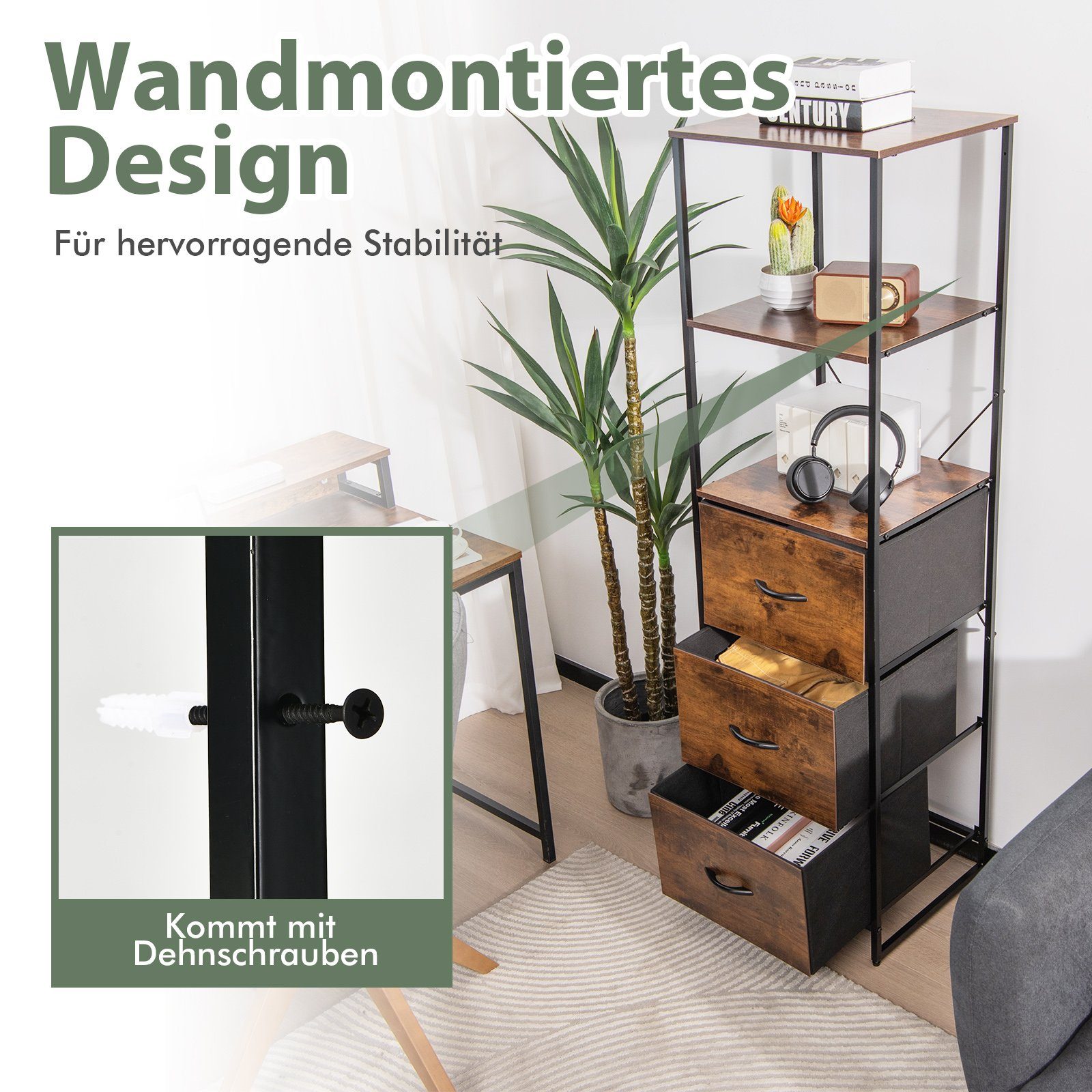 COSTWAY Standregal, mit 3 Regalen & klappbaren Schubladen, schmal ...