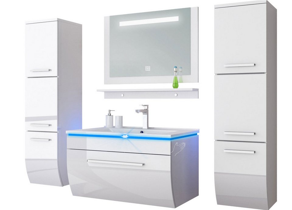 Homeline Badmöbel Set Badmöbel Set Weiß Hochglanz Lackiert Led System
