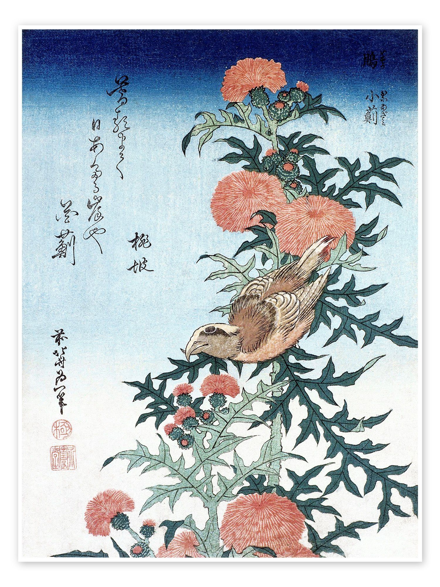 Posterlounge Poster Katsushika Hokusai Vogel Und Distel Malerei