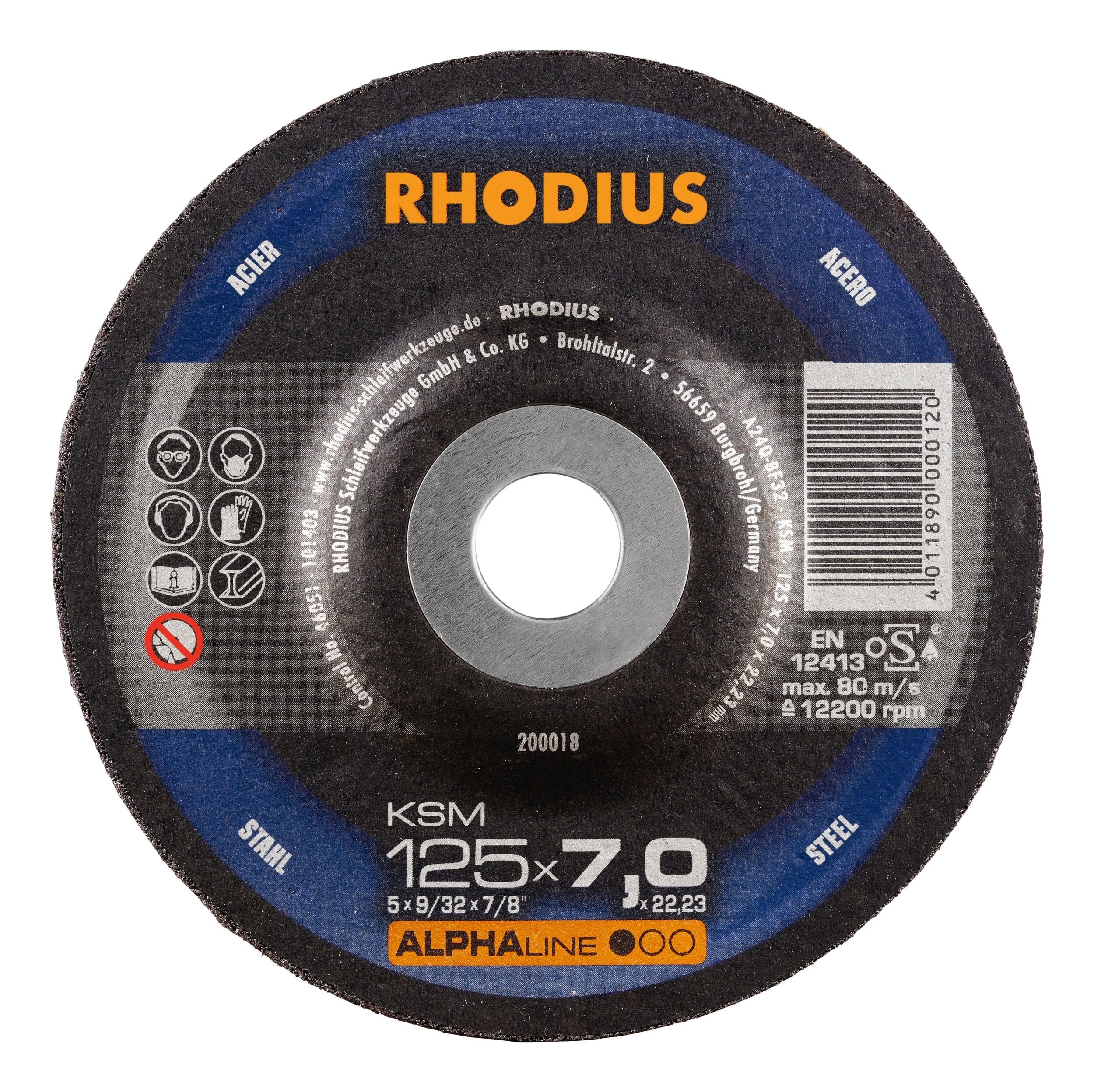 Rhodius Schruppscheibe ALPHAline RS, Ø 125 mm, ALPHAline KSM - 125 x 7 x 22,23 mm, Lange Lebensdauer