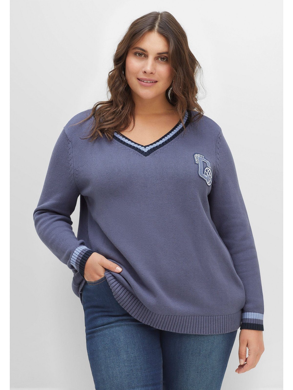 Sheego V Ausschnitt Pullover Große Größen Im College Stil Aus Reiner